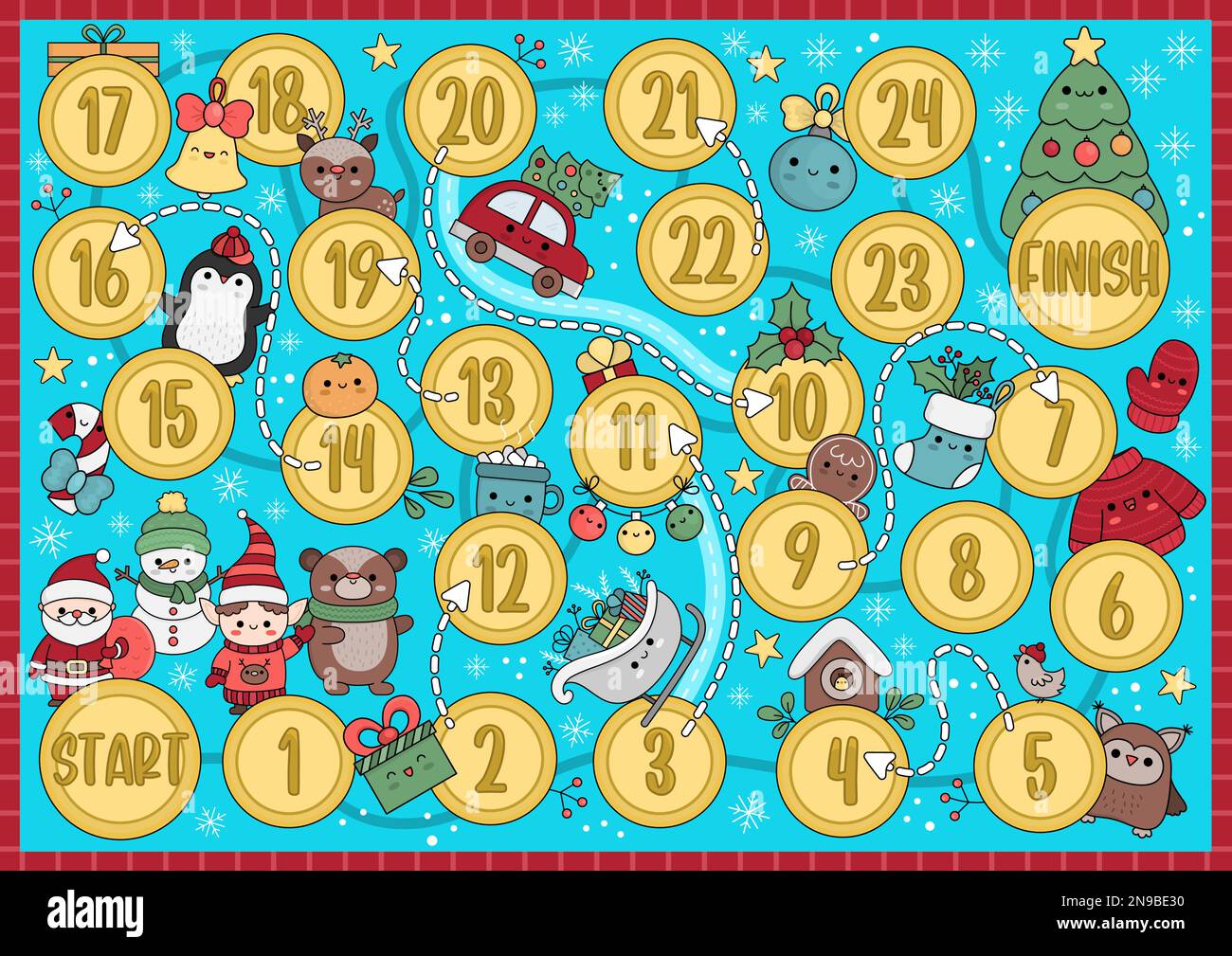 Christmas board game for children with Santa Claus and cute kawaii tree ...