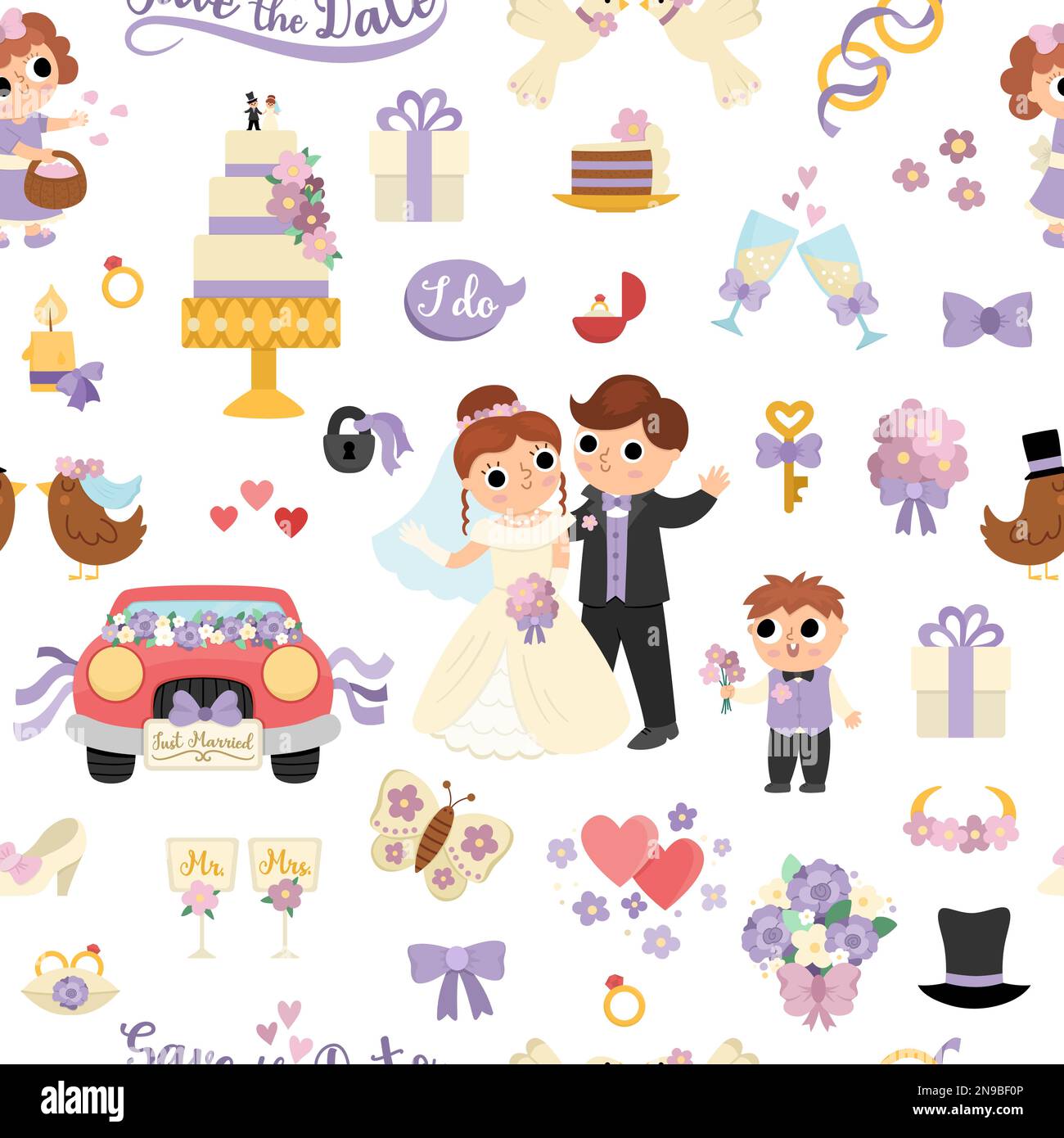 Vector wedding seamless pattern. Cute marriage repeat background with ...