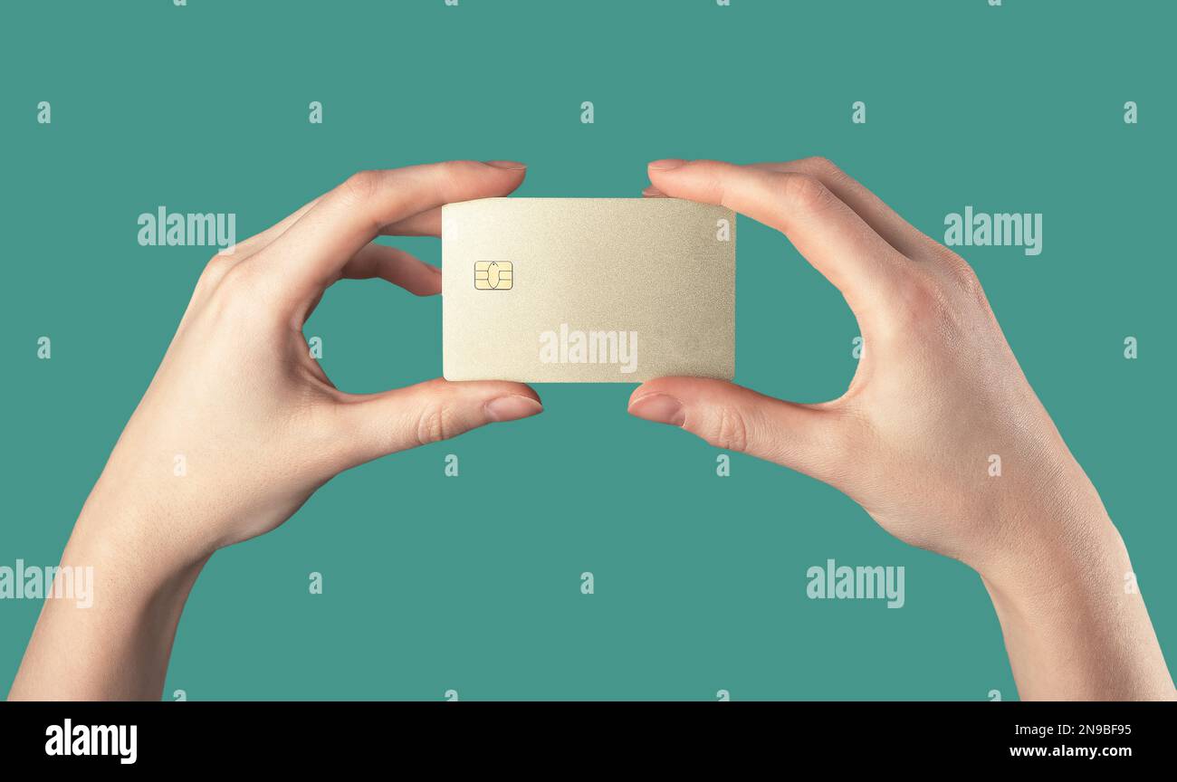 Bank credit debit card mockup, gold sample hands. Plastic bankcard with ...