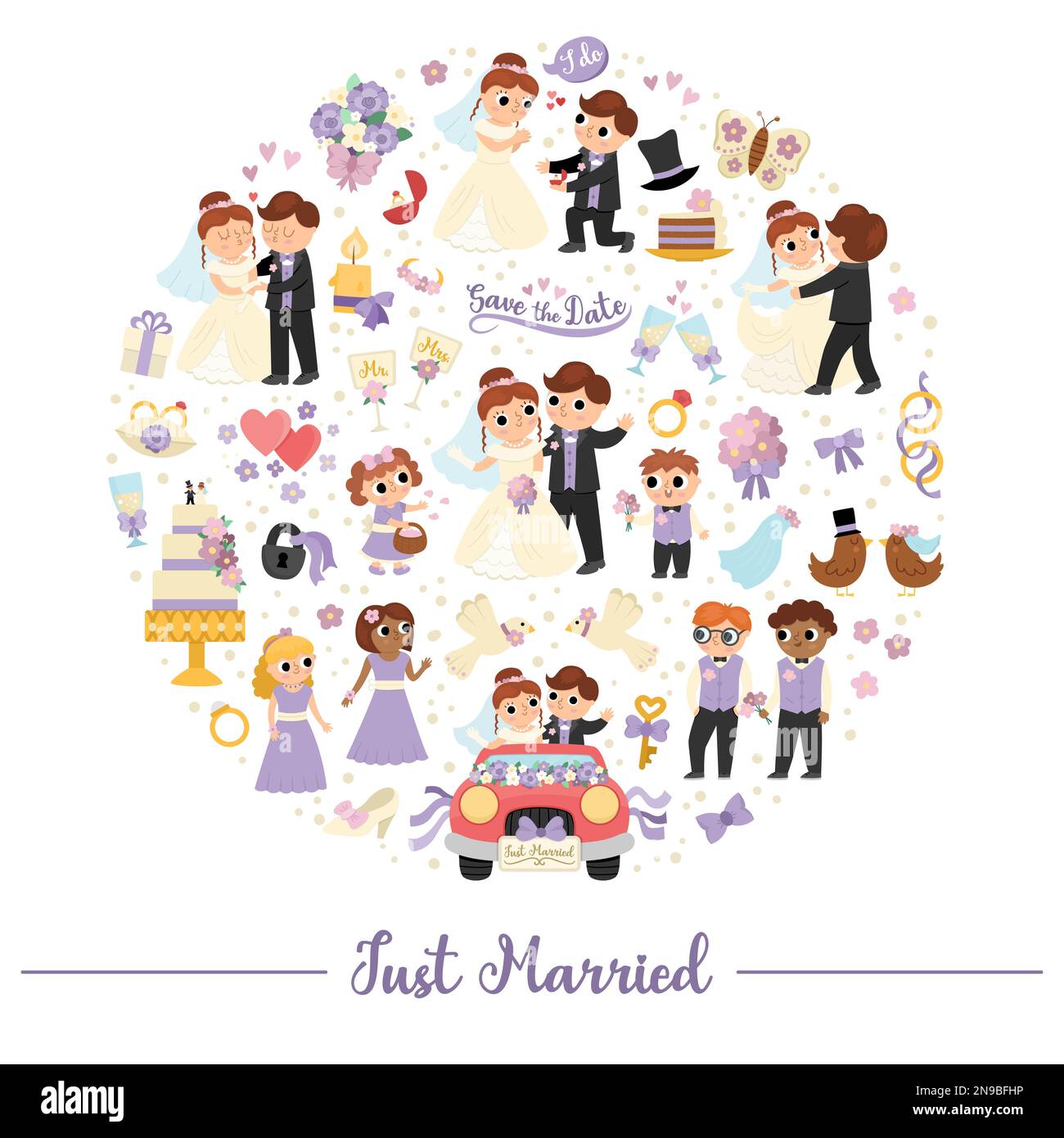 Vector wedding round frame with just married couple. Marriage ceremony ...