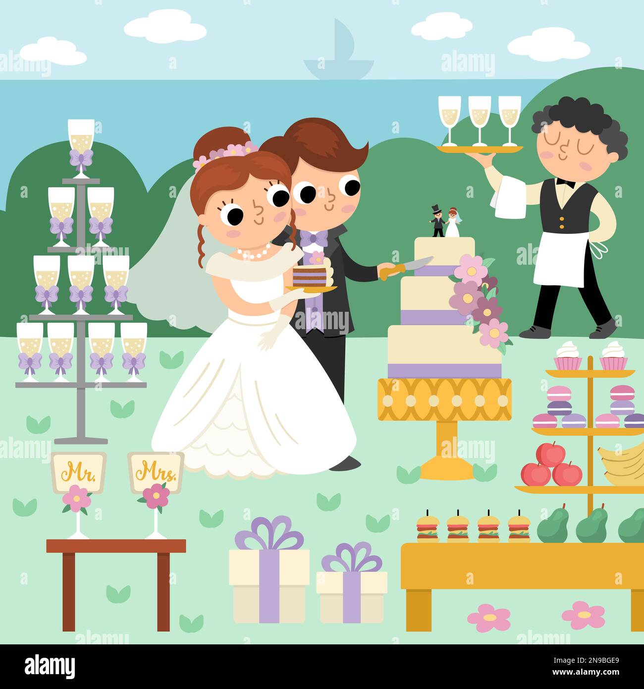 Vector wedding scene with cute just married couple. Marriage ceremony ...