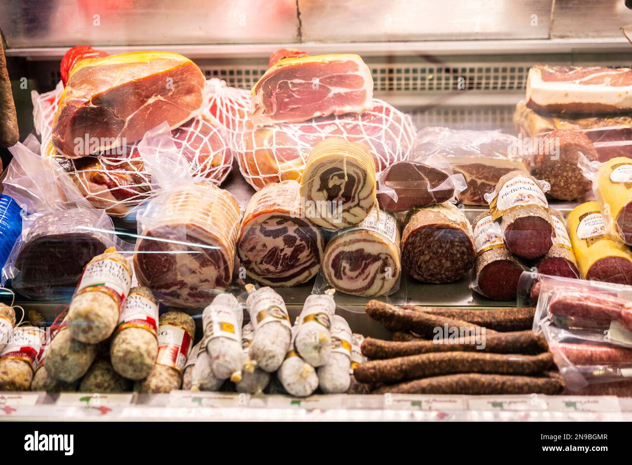 Vienna, Austria - October 14, 2022: Sausage shop in Naschmarkt, street ... Vienna, Austria - October 14, 2022: Sausage shop in Naschmarkt, street ...