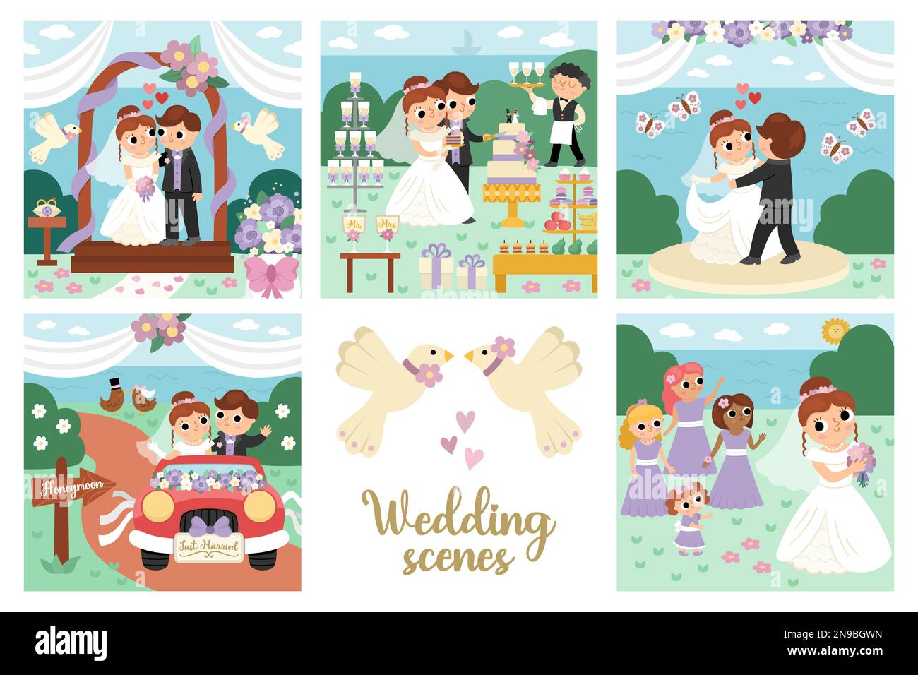 Vector wedding scenes set. Cute just married couple. Marriage ceremony ...