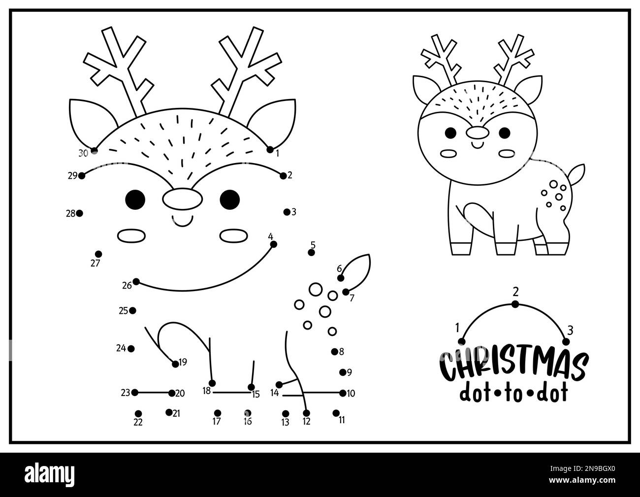 Vector Christmas dot-to-dot and color activity with cute kawaii deer ...