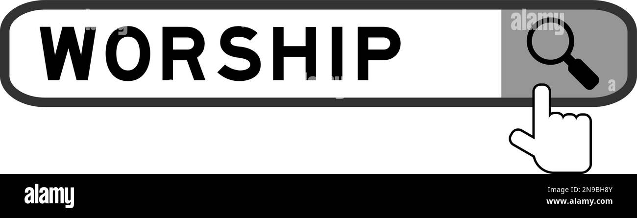 Search banner in word worship with hand over magnifier icon on white ...