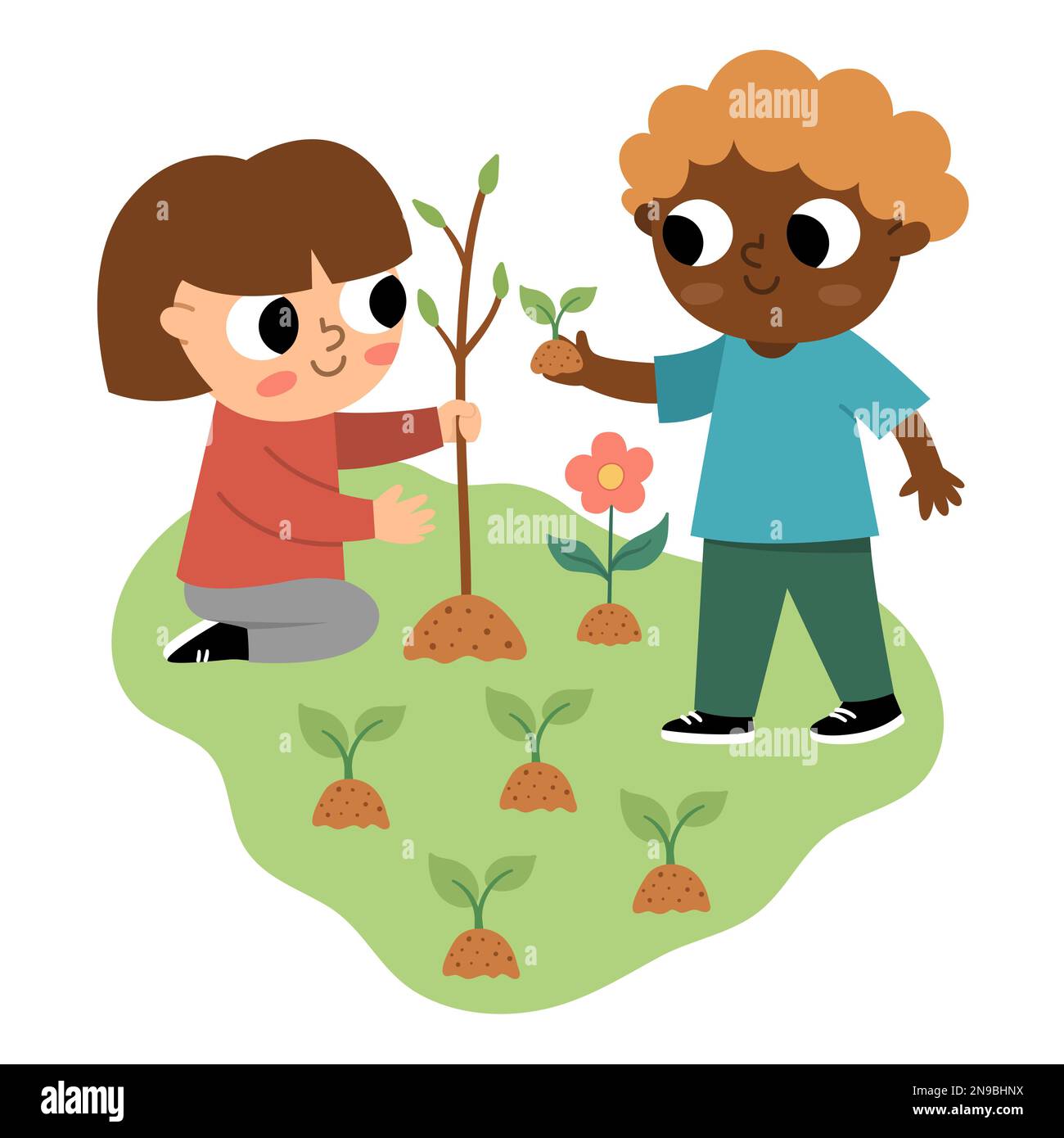 Girl and boy seeding plant icon. Cute eco friendly kids. Children ...