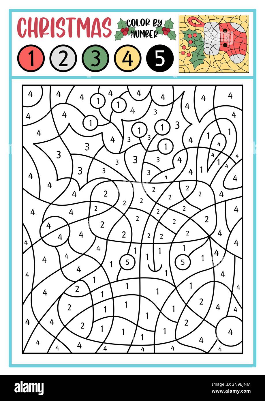 Vector Christmas color by number activity with cute kawaii stocking ...