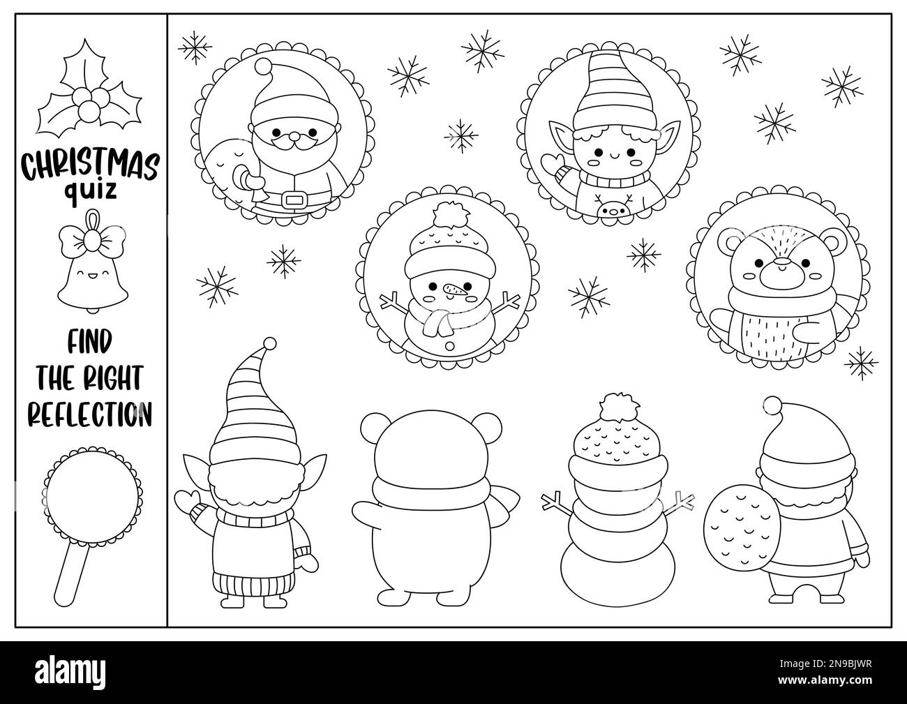 Christmas black and white find the right mirror reflection activity ...