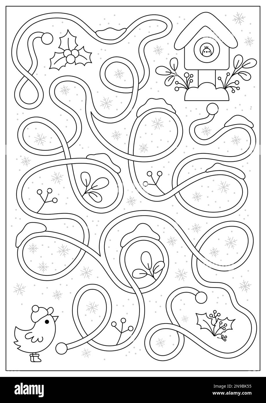 Christmas black and white maze for kids. Winter line holiday preschool ...
