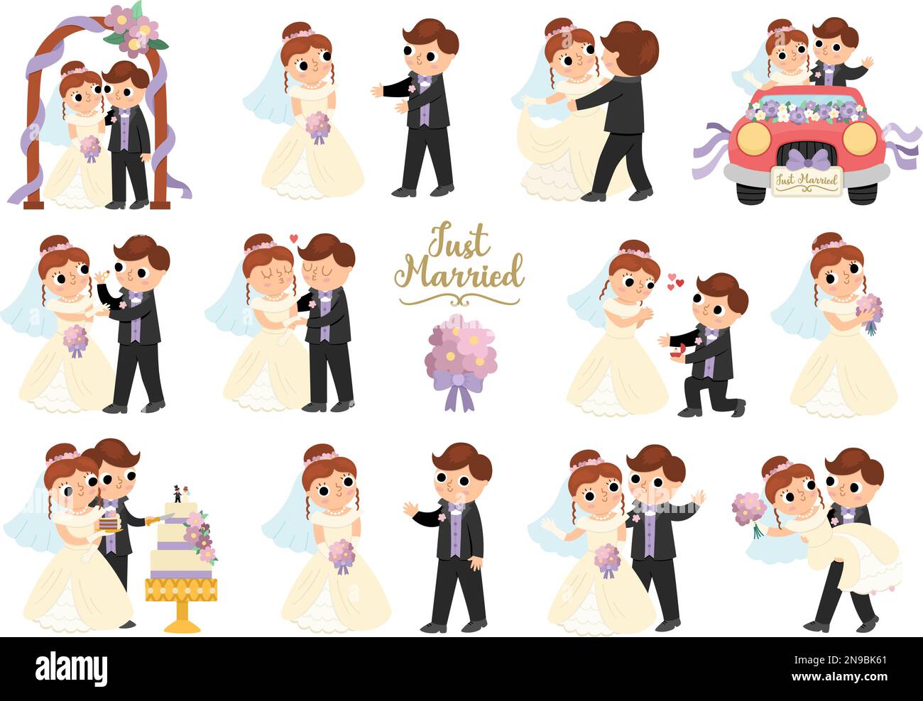 Vector set with bride and groom. Cute just married couple. Wedding ...