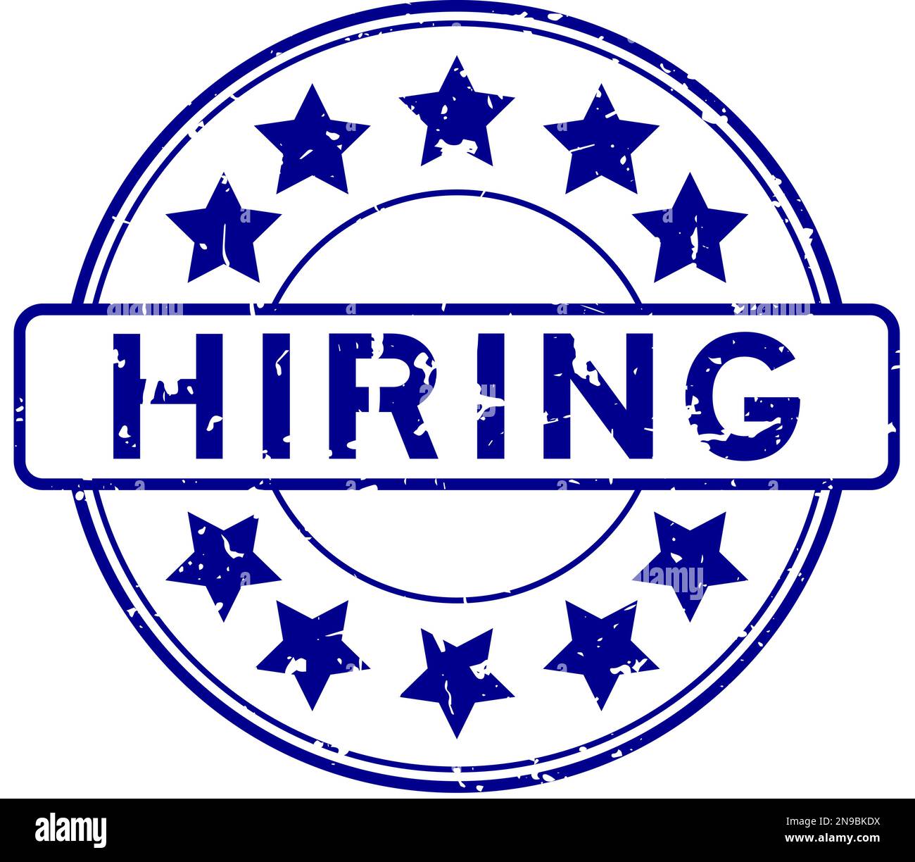 Grunge blue hiring word with star icon round rubber seal stamp on white ...