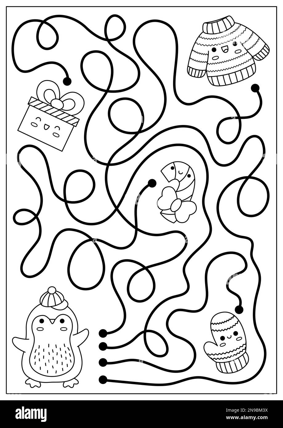 Christmas black and white maze for kids. Winter line holiday preschool ...