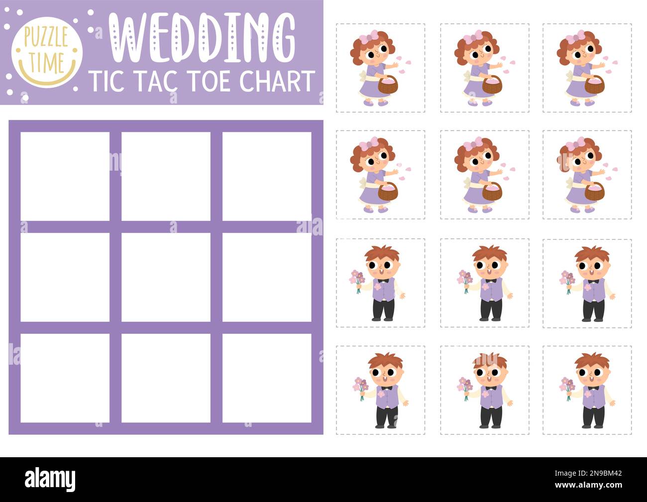 Vector wedding tic tac toe chart with boy and girl. Marriage ceremony ...