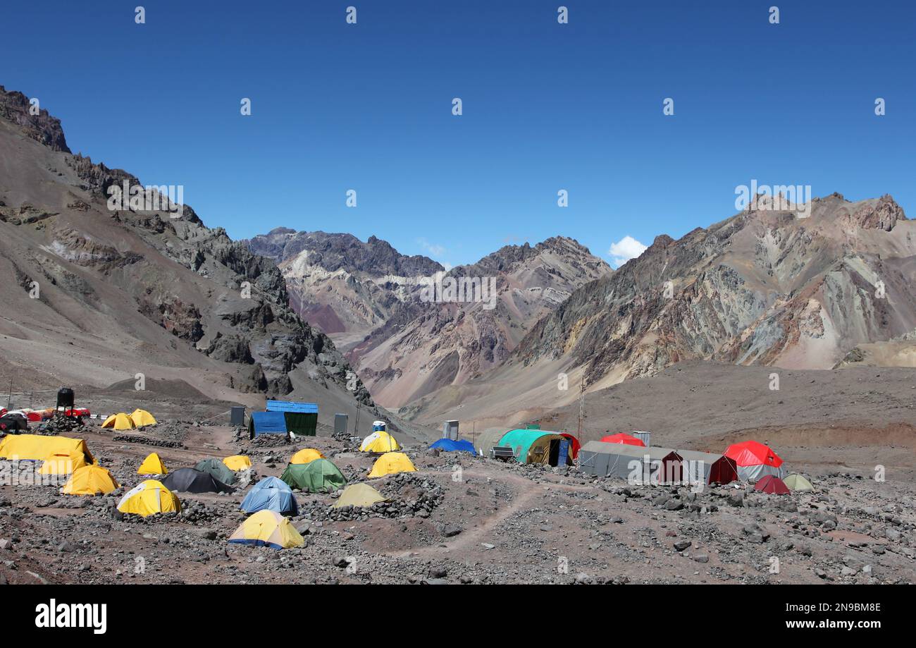 Base camp tents mountains slopes, climbing route to mount Aconcagua ...