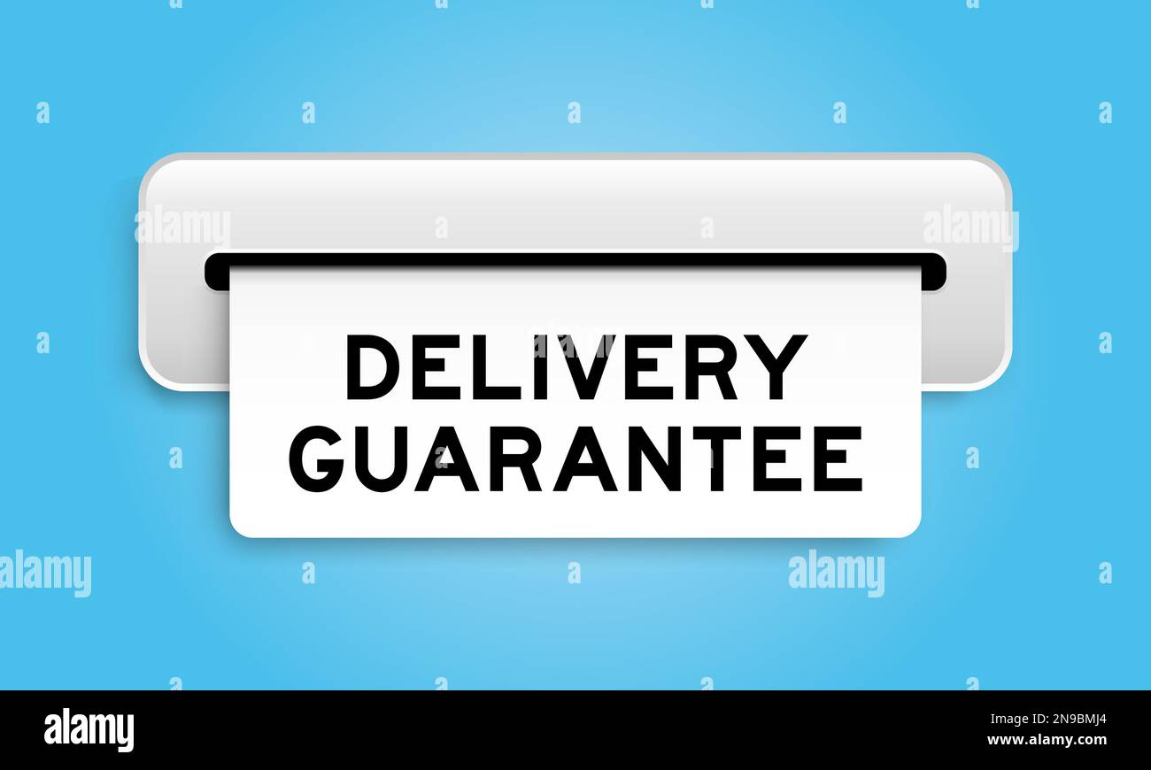 White coupon banner with word delivery guarantee from machine on blue ...