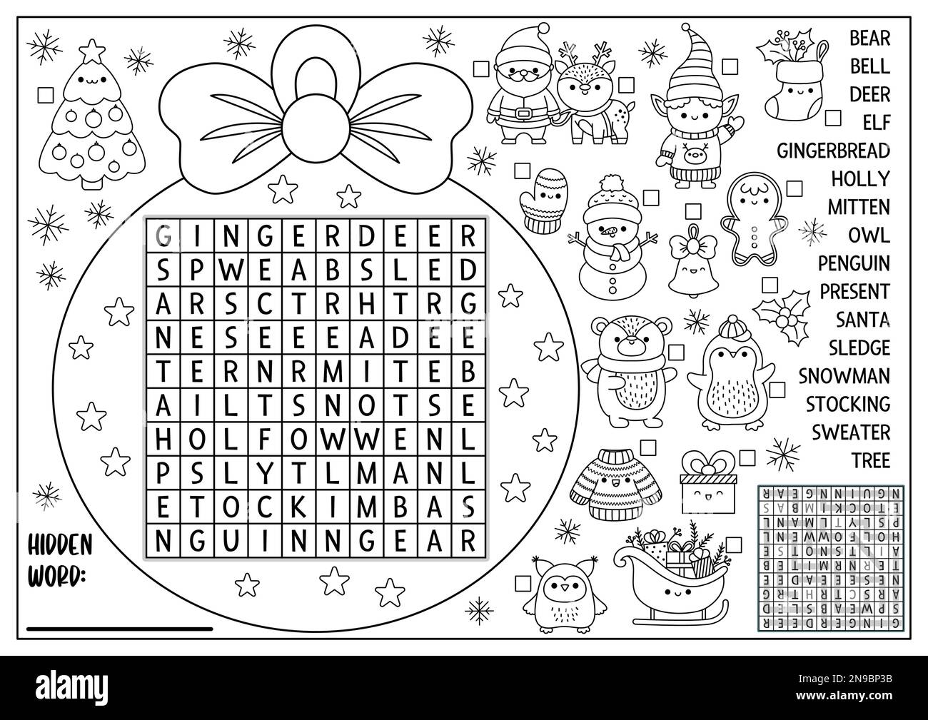 Vector Christmas black and white ball shaped word search puzzle for ...