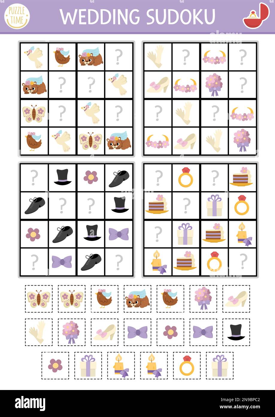 Vector wedding sudoku puzzle for kids with pictures. Simple marriage ...