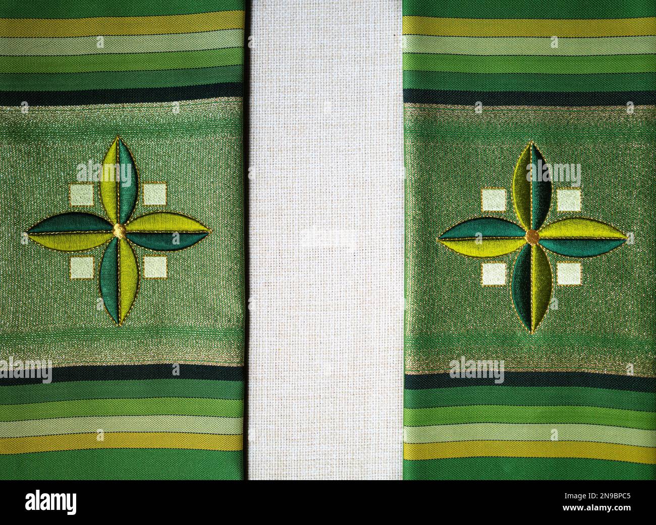 Green liturgical stole of a catholic priest with two crosses Stock ...