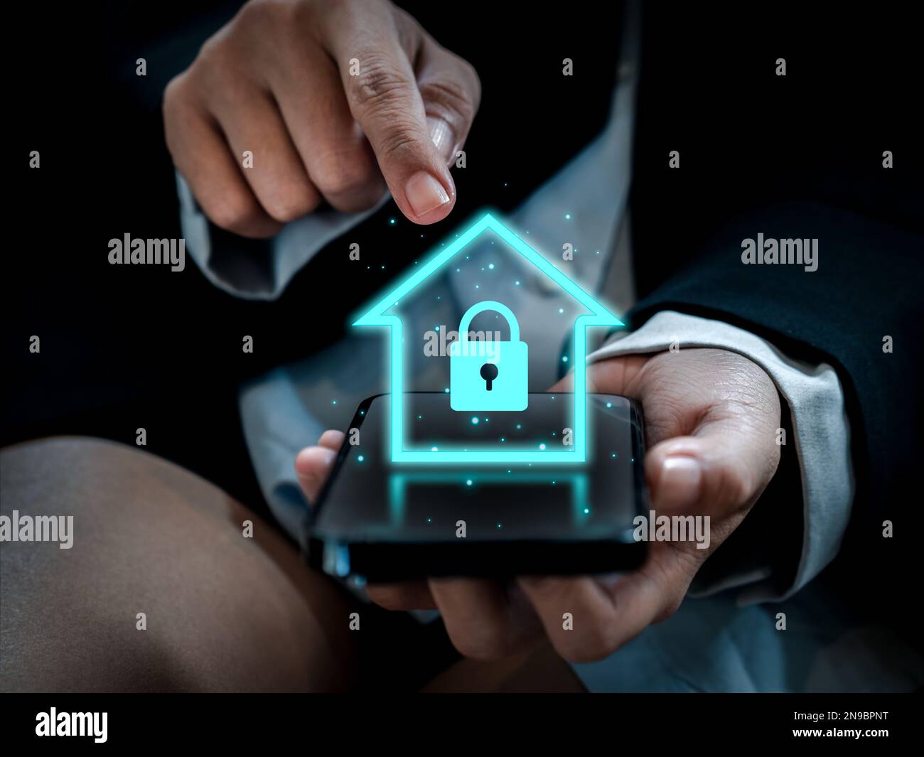 Smart home technology concept. Glowing digital security home lock ...