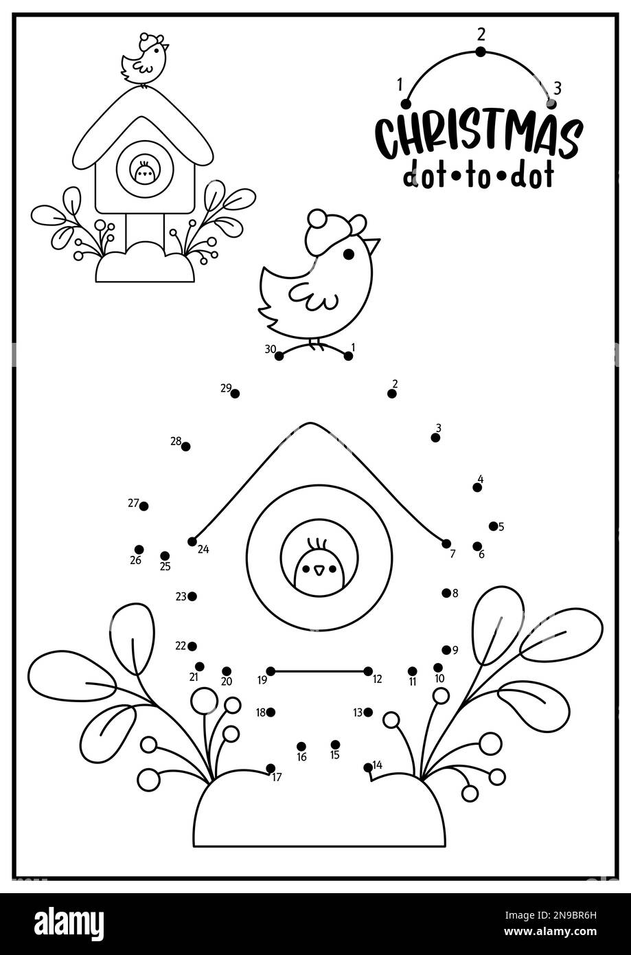 Vector Christmas dot-to-dot and color activity with cute kawaii bird ...