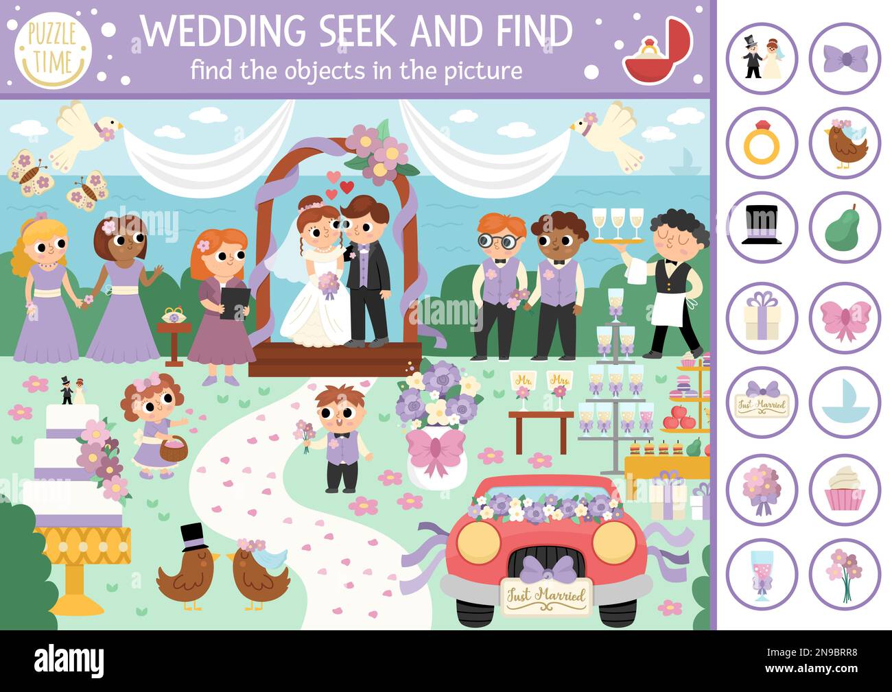 Vector wedding searching game with marriage ceremony scene. Spot hidden ...