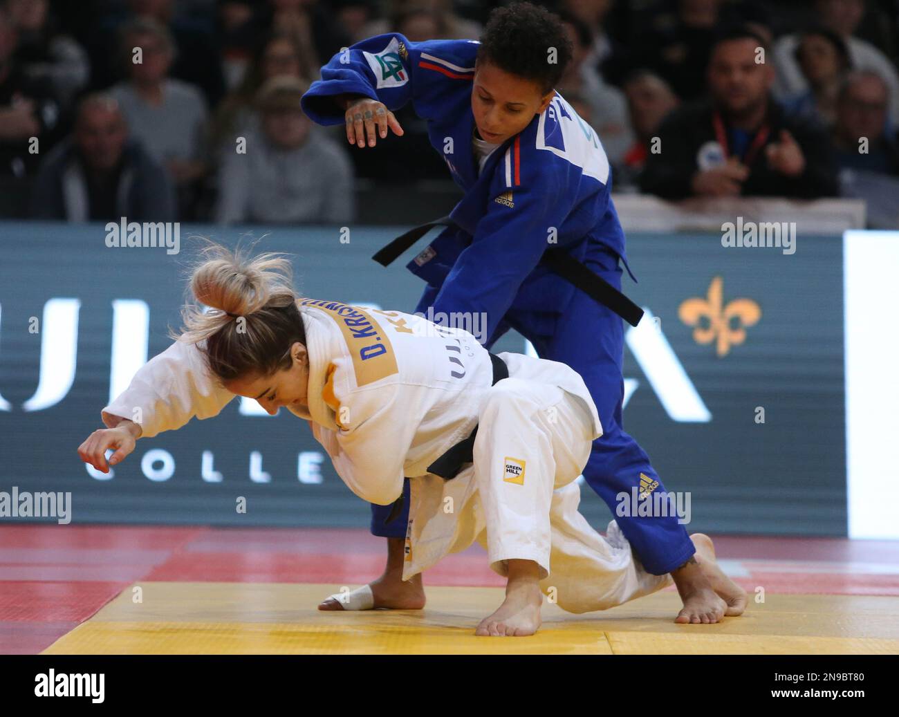 Amandine Buchard of France and Distria Krasniqi of Kosovo during the ...