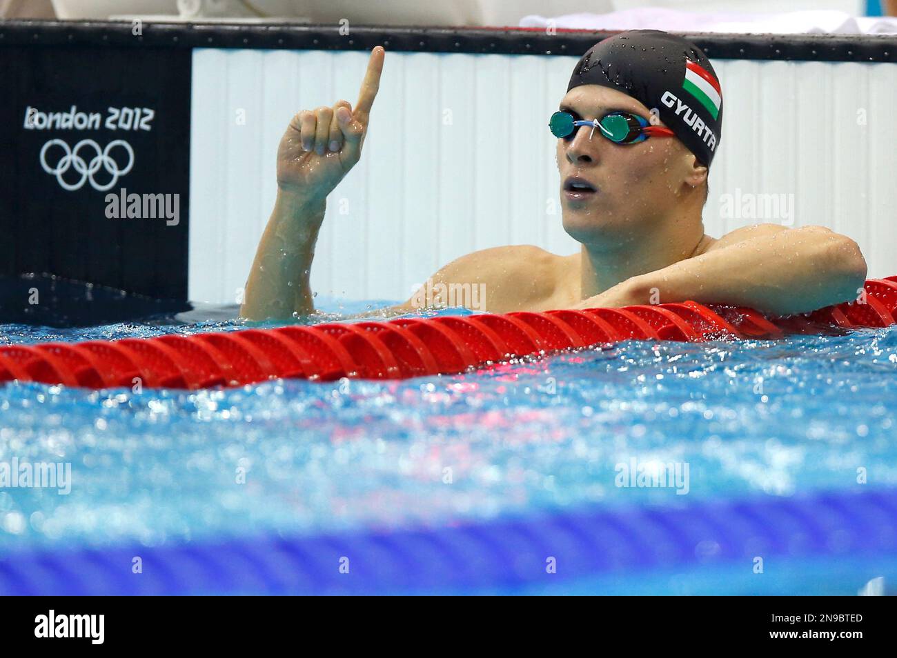 Hungary's Daniel Gyurta reacts after competing in a men's 200- meter ...