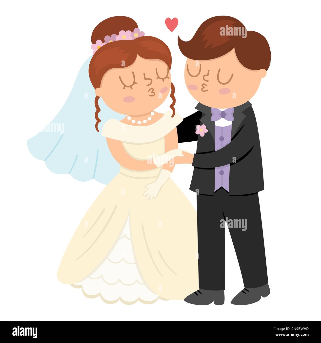 Vector Illustration With Kissing Bride And Groom Cute Just Married