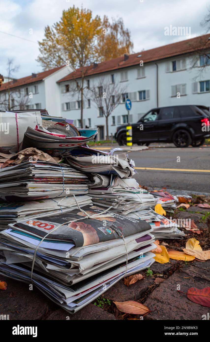 Zurich, Switzerland - November 17, 2022: A pile of tied up waste ...