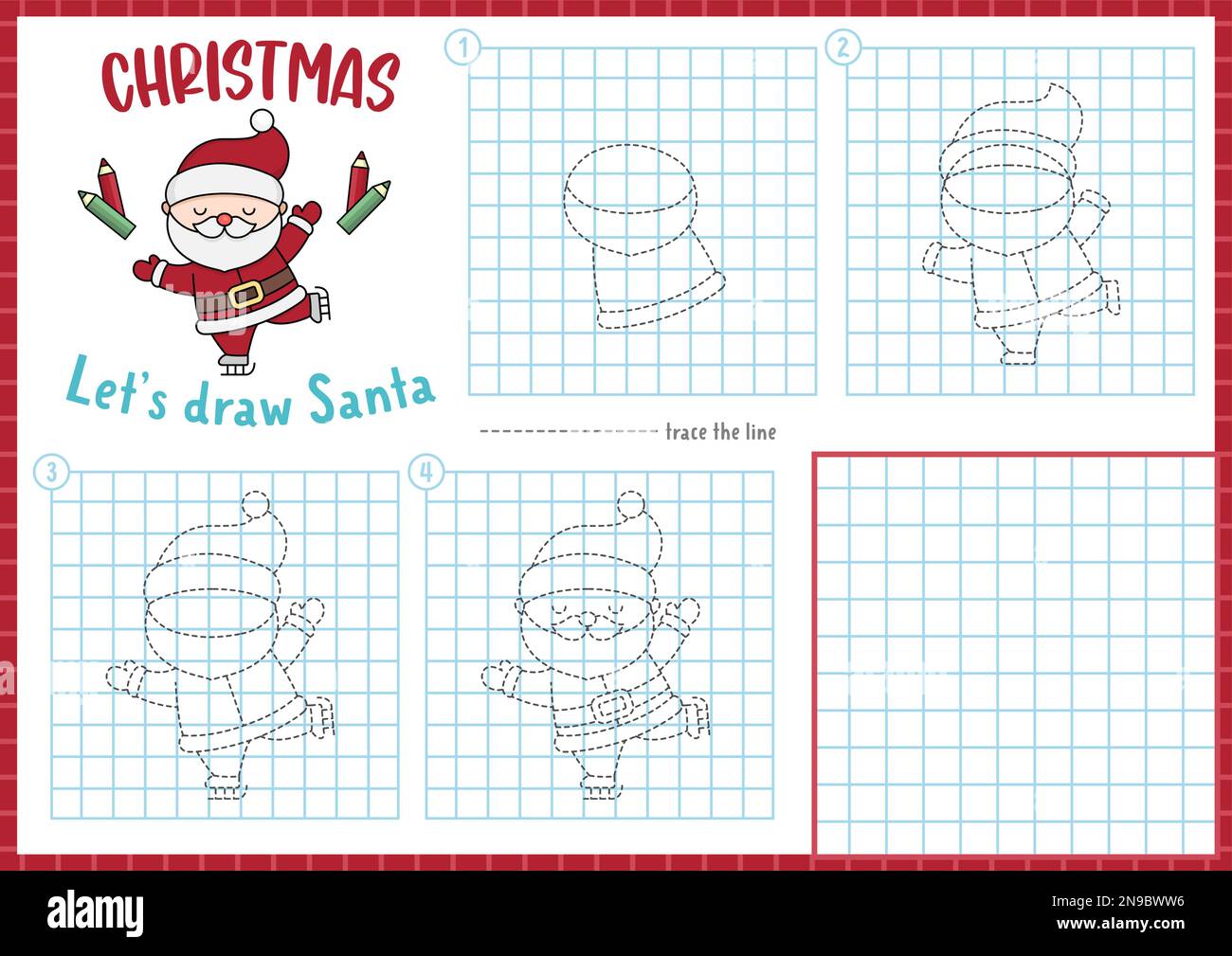 Christmas step by step drawing worksheet. How to draw Santa Claus ...