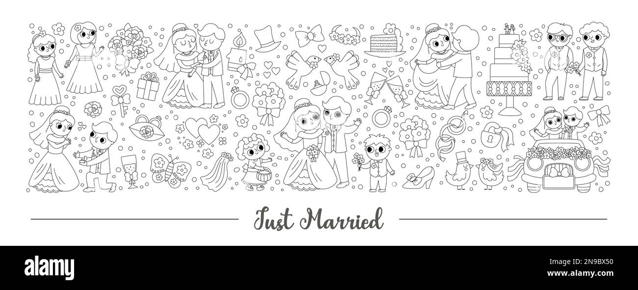 Vector black and white wedding horizontal set with just married couple ...