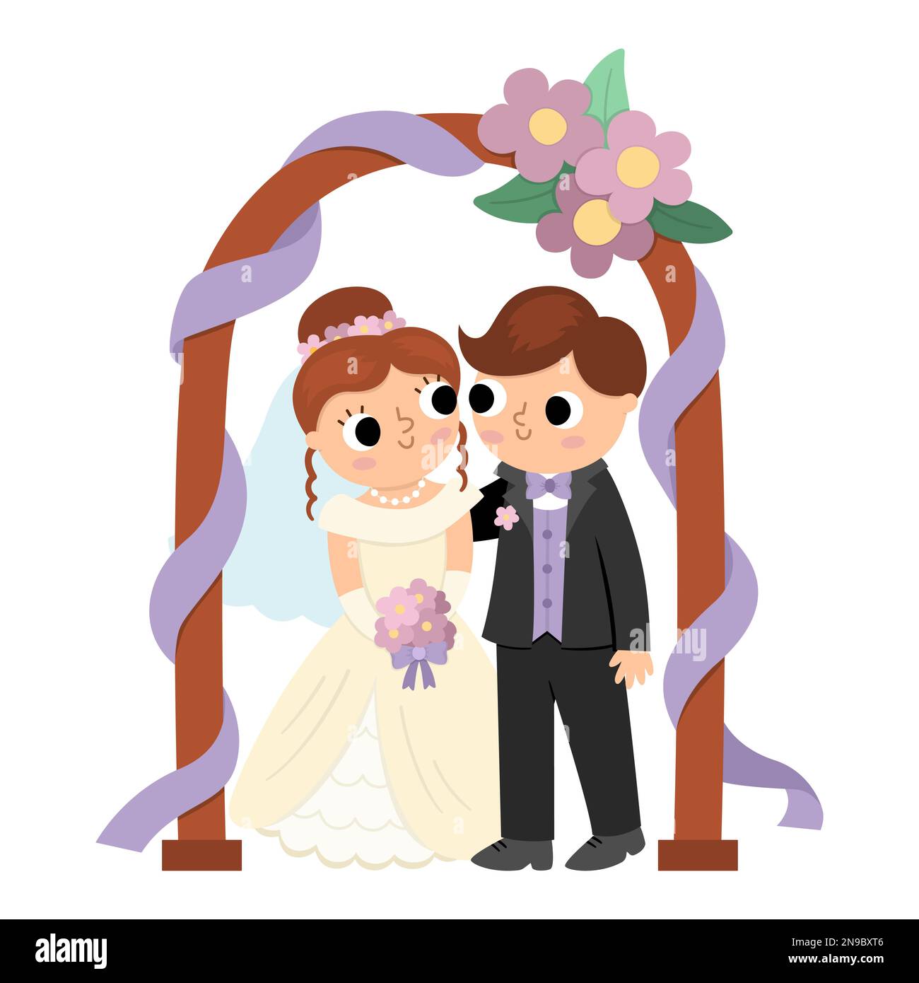 Vector illustration with bride and groom. Cute just married couple ...