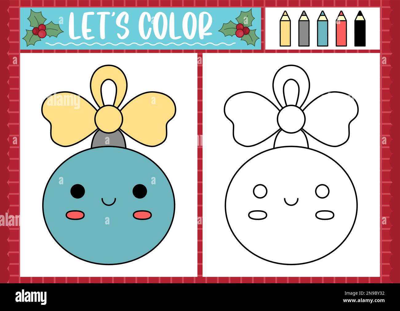 Christmas coloring page for children with cute kawaii colored ball ...