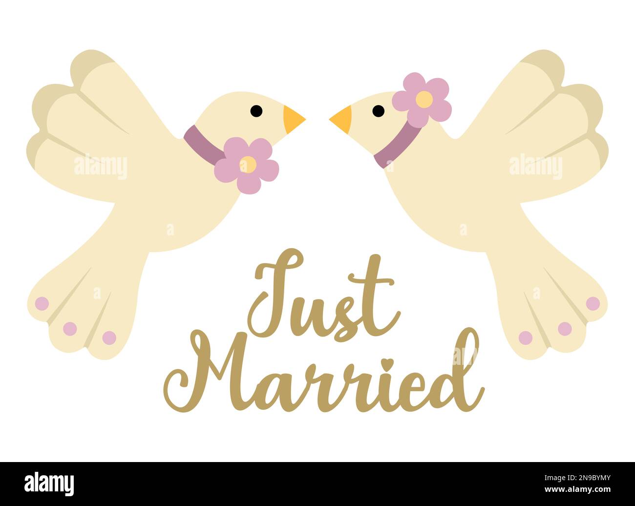 Vector wedding doves with flowers and just married inscription. Cute ...