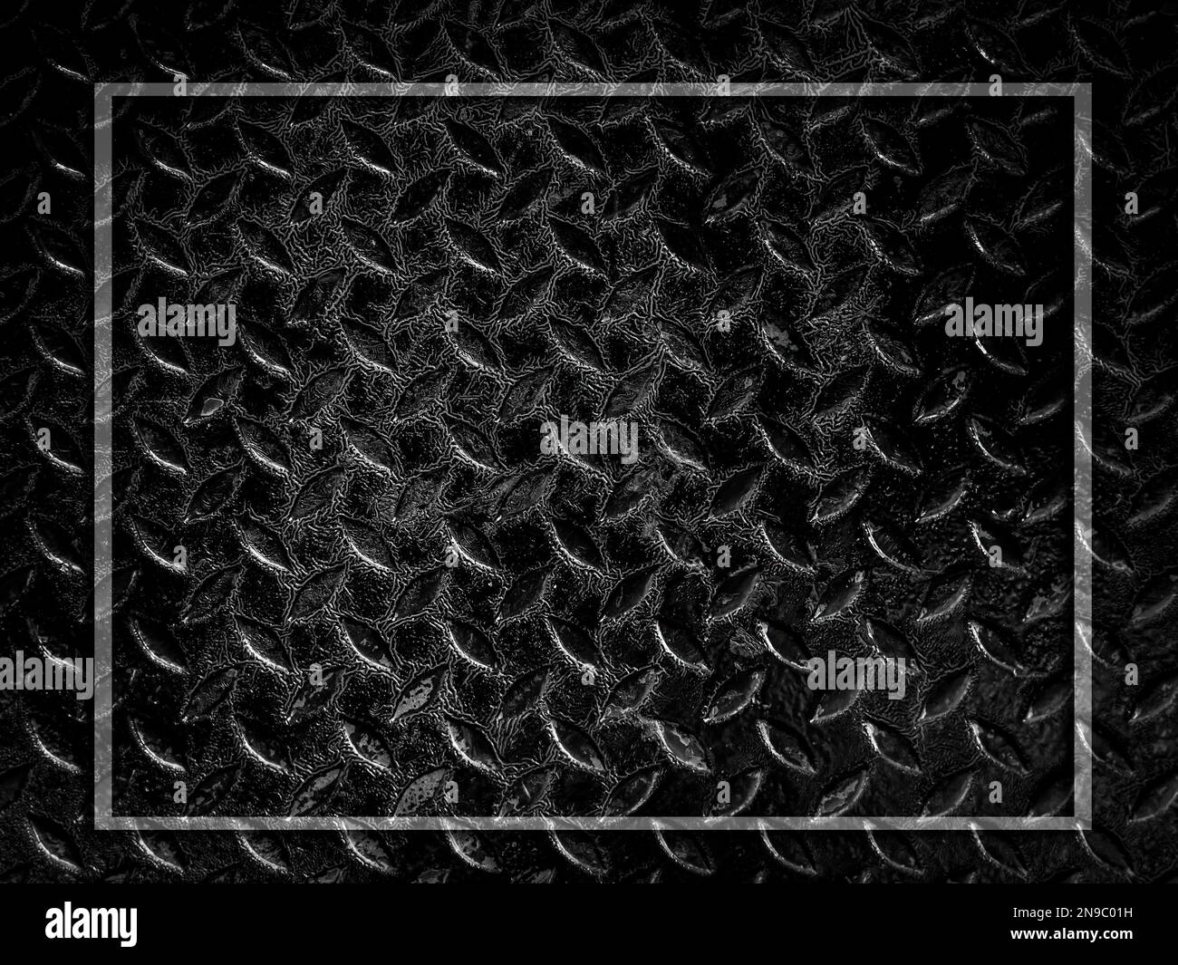 White line frame with blank space on black metallic checker plate anti ...