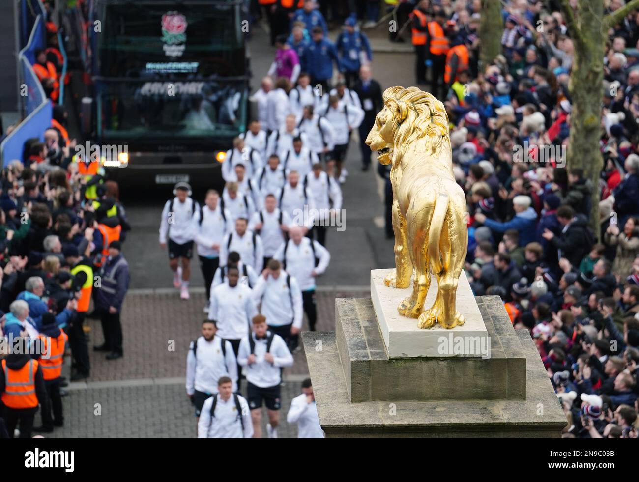 A general view of a statue of a lion as England players debark the team ...