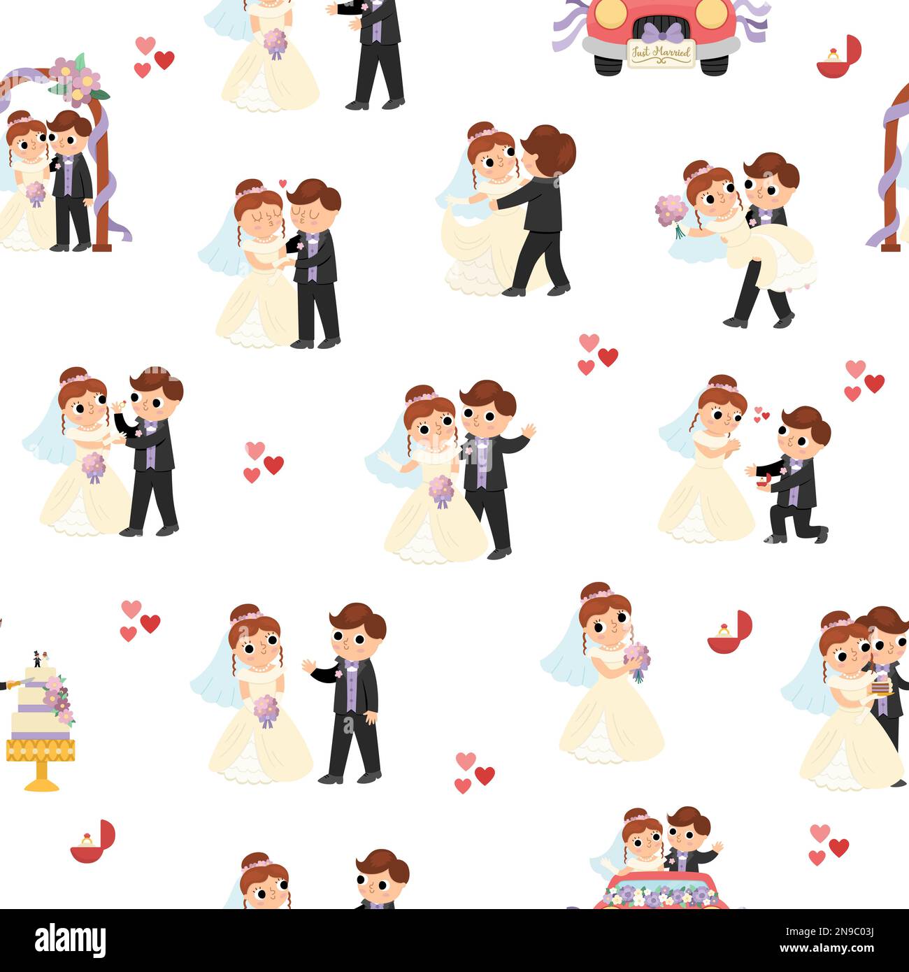 Vector seamless pattern with bride and groom. Cute just married couple ...