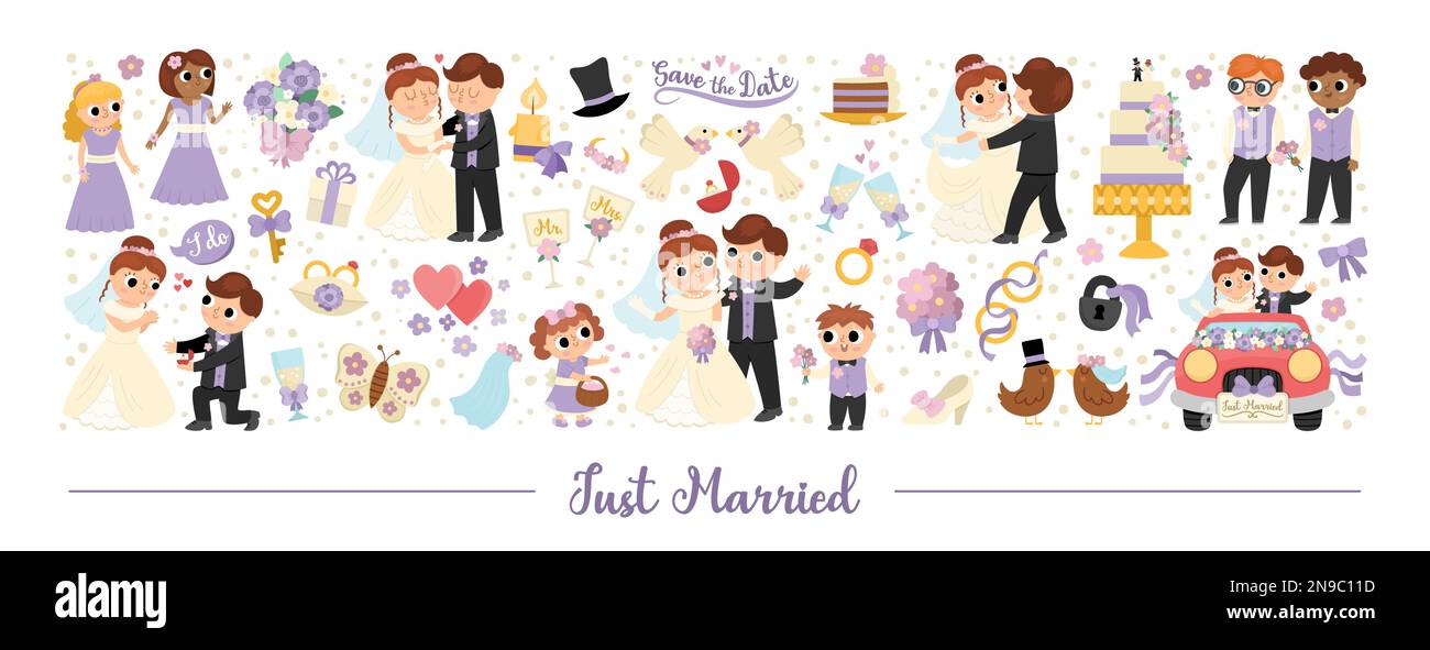 Vector wedding horizontal set with just married couple. Marriage ...