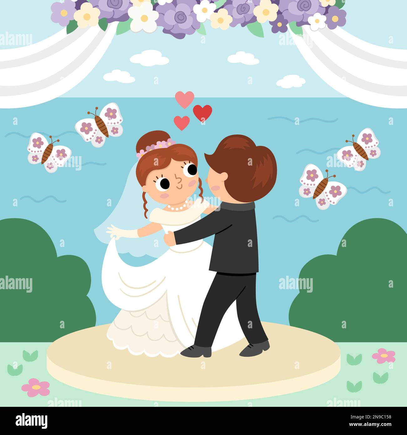 Vector wedding scene with cute just married couple. Marriage ceremony ...