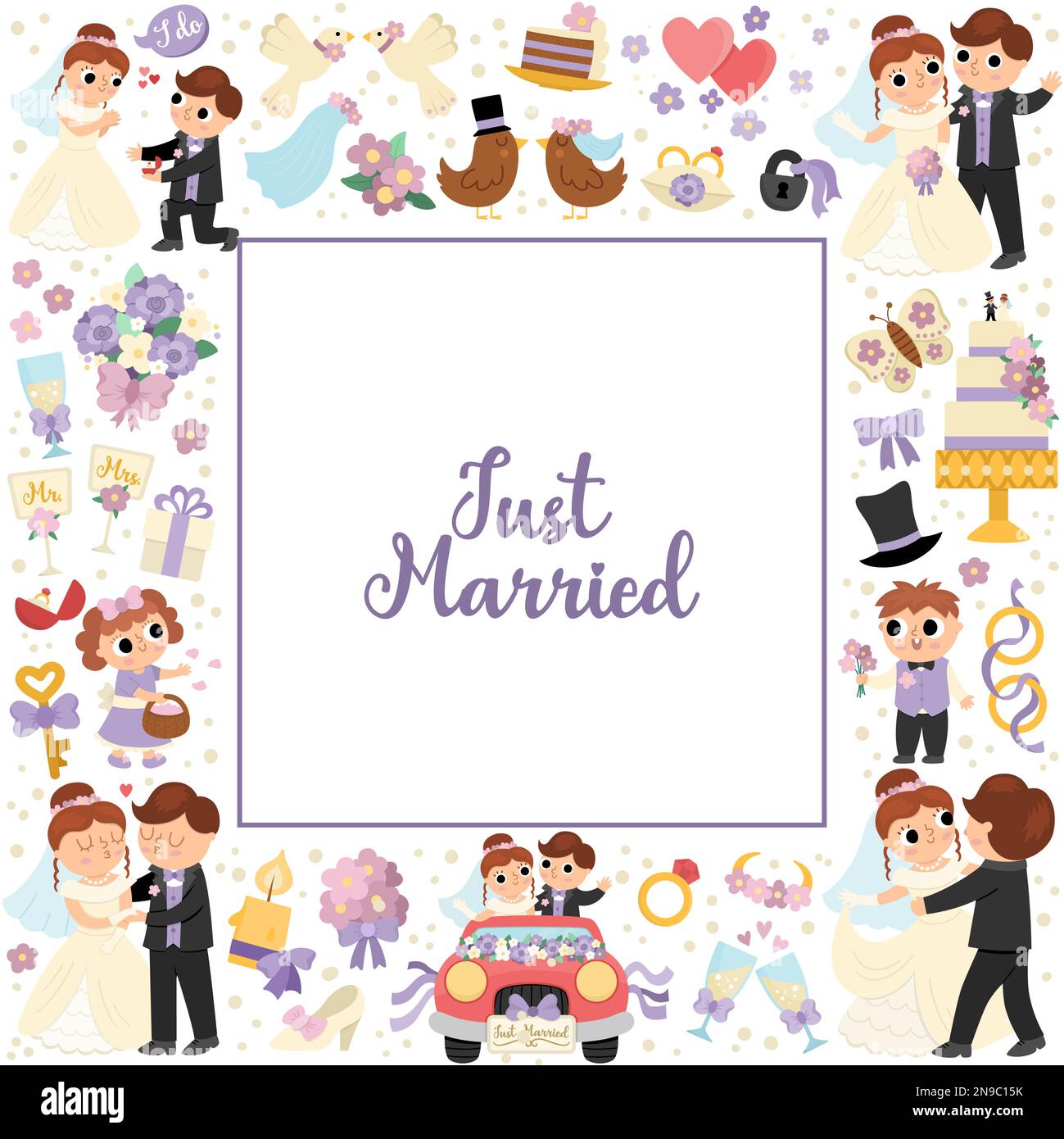 Vector wedding square frame with just married couple. Marriage ceremony ...
