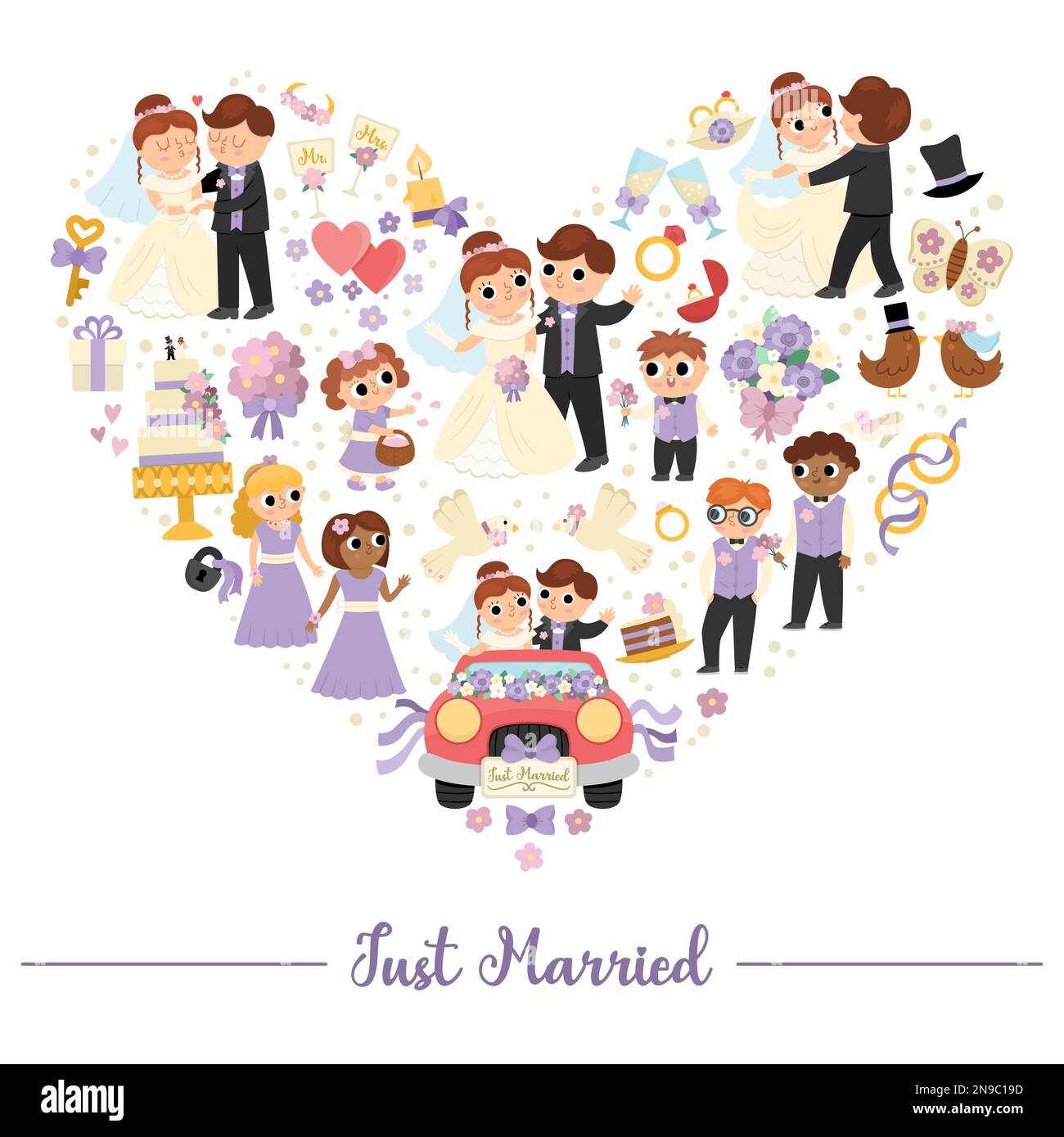 Vector wedding frame with just married couple. Marriage ceremony card ...