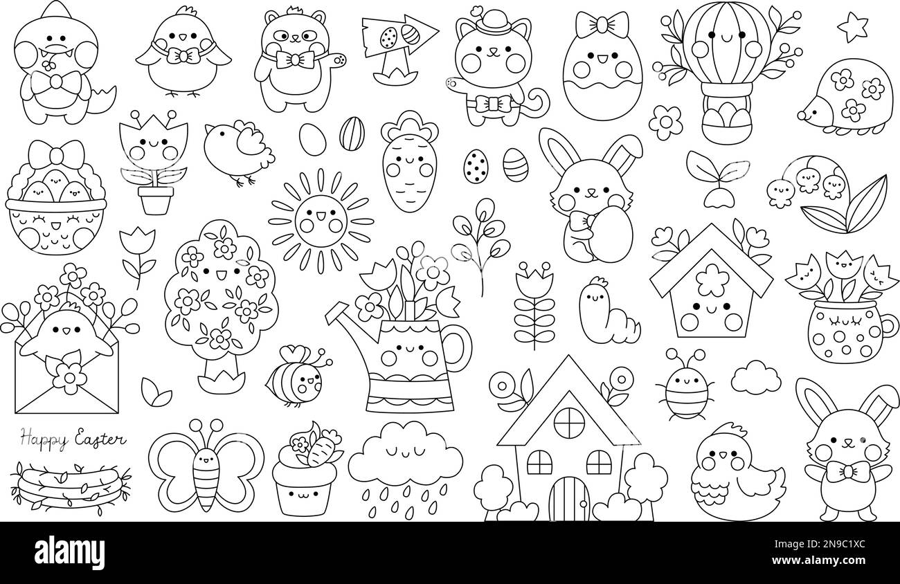 Vector black and white kawaii Easter clipart set for kids. Cute cartoon ...