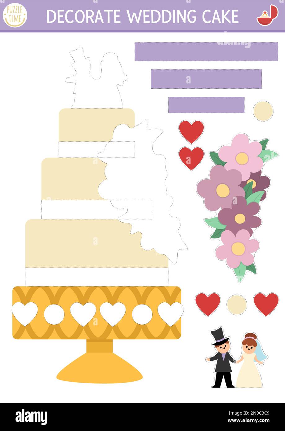 Vector wedding cut and glue activity. Decorate the cake. Crafting game ...