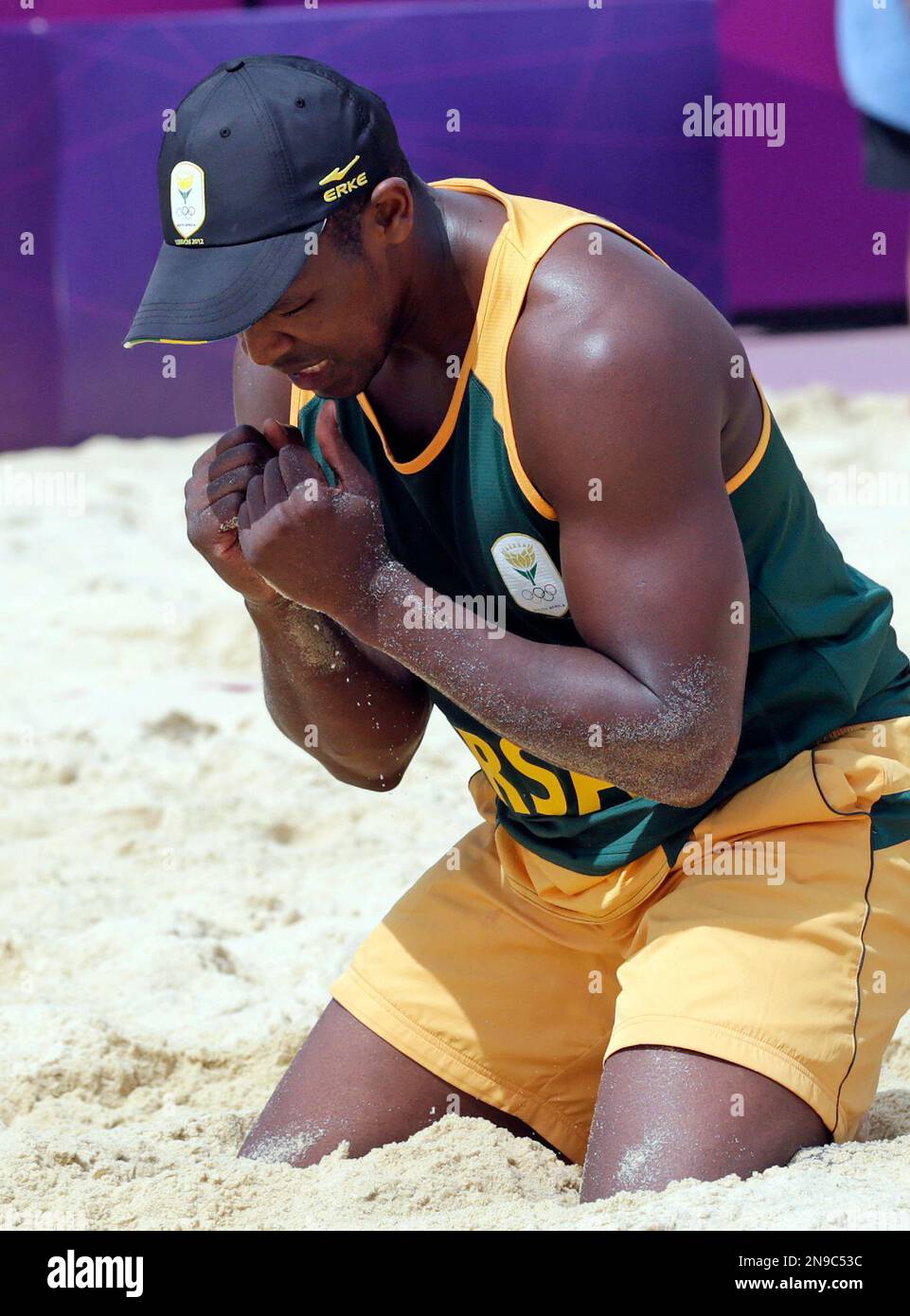 Freedom Chiya of the Republic of South Africa reacts during a beach ...