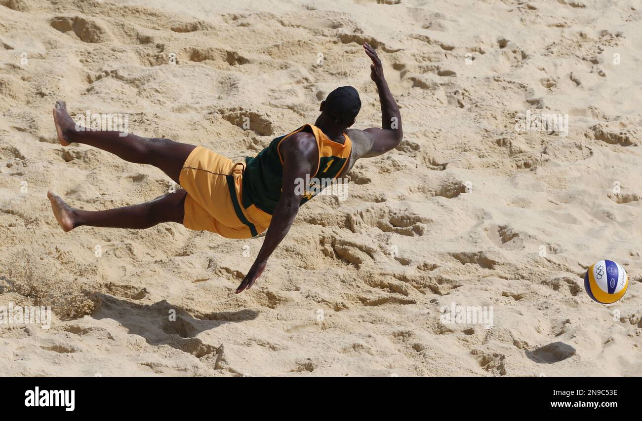 Freedom Chiya from South Africa fails to reach a ball during the Beach ...