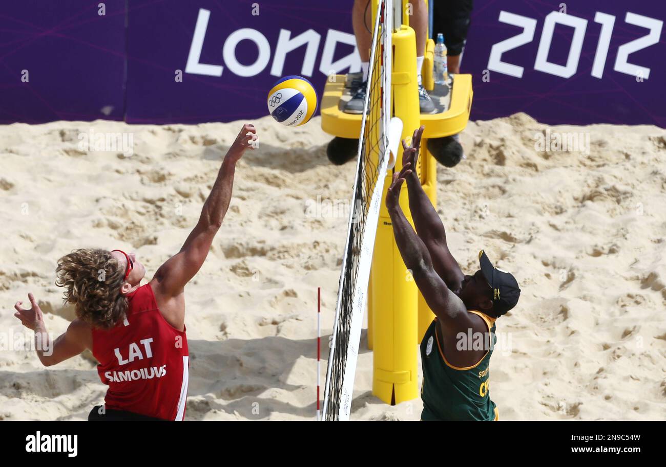 Freedom Chiya, right, from South Africa tries to block Aleksandrs ...