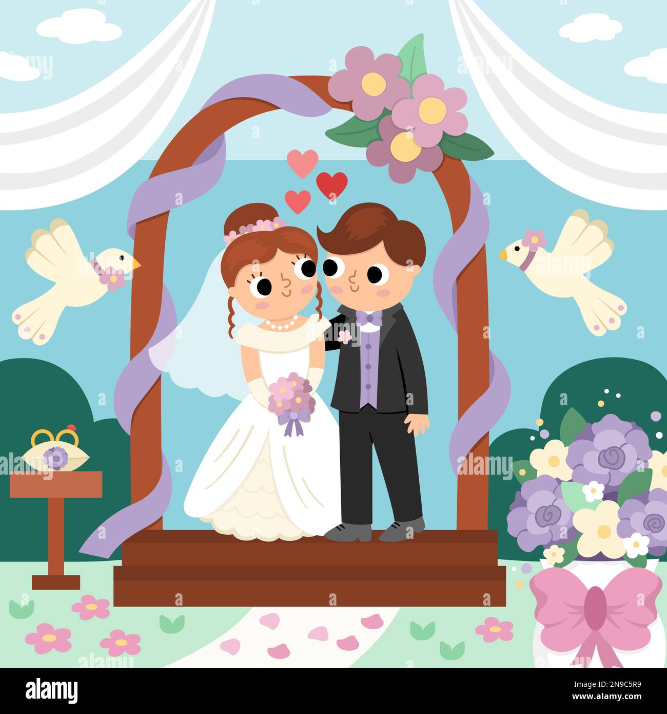 Vector wedding scene with cute just married couple. Marriage ceremony ...