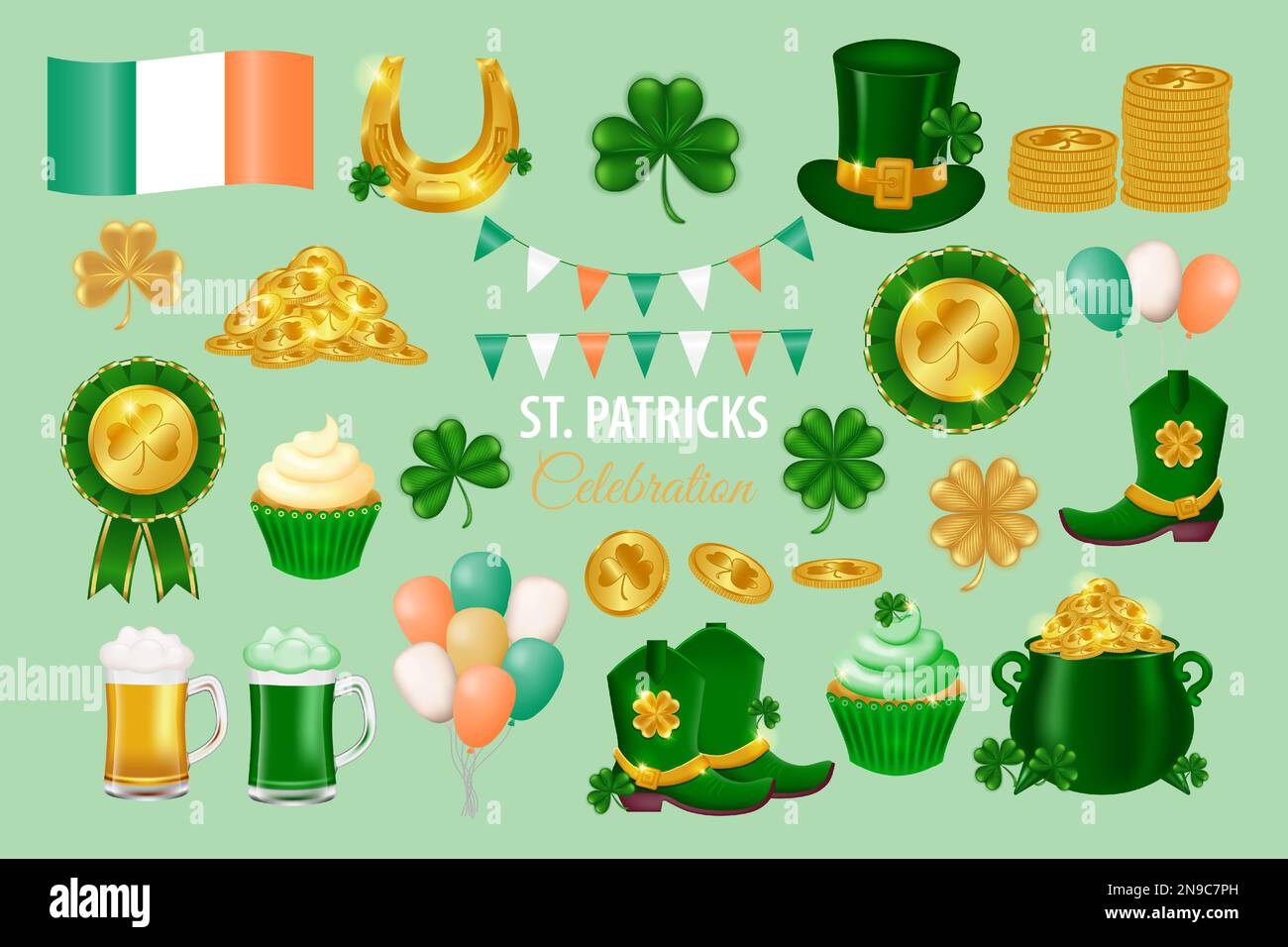St patricks day set. Leprechaun hat, boots, beer, ale, gold coins, pot of gold, horseshoe ...