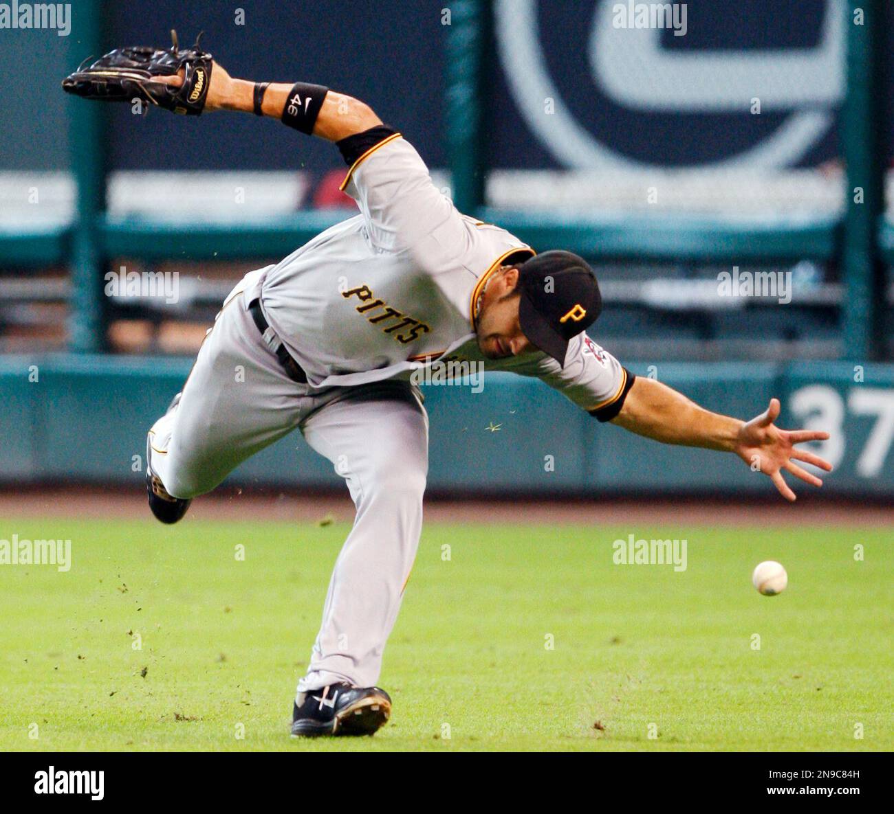 Pittsburgh Pirates' Garrett Jones (46) misses a catch allowing Houston ...