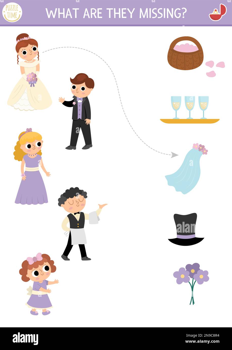 Wedding matching activity with cute bride, groom and guests. Marriage ...